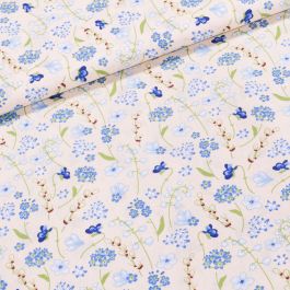 Bavlněné plátno 103000 16618, modré květiny na krémové, š.140cm (látka ...